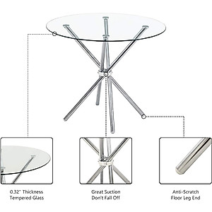 Modern Round Dining Table with Clear Tempered Glass Top, 4 Chrome Legs Kitchen Table for 2 or 4 Person,Round Dining Table Furniture for Home Office Kitchen Dining Room(W 35.4 x L 35.4 x H 29.5 inch)