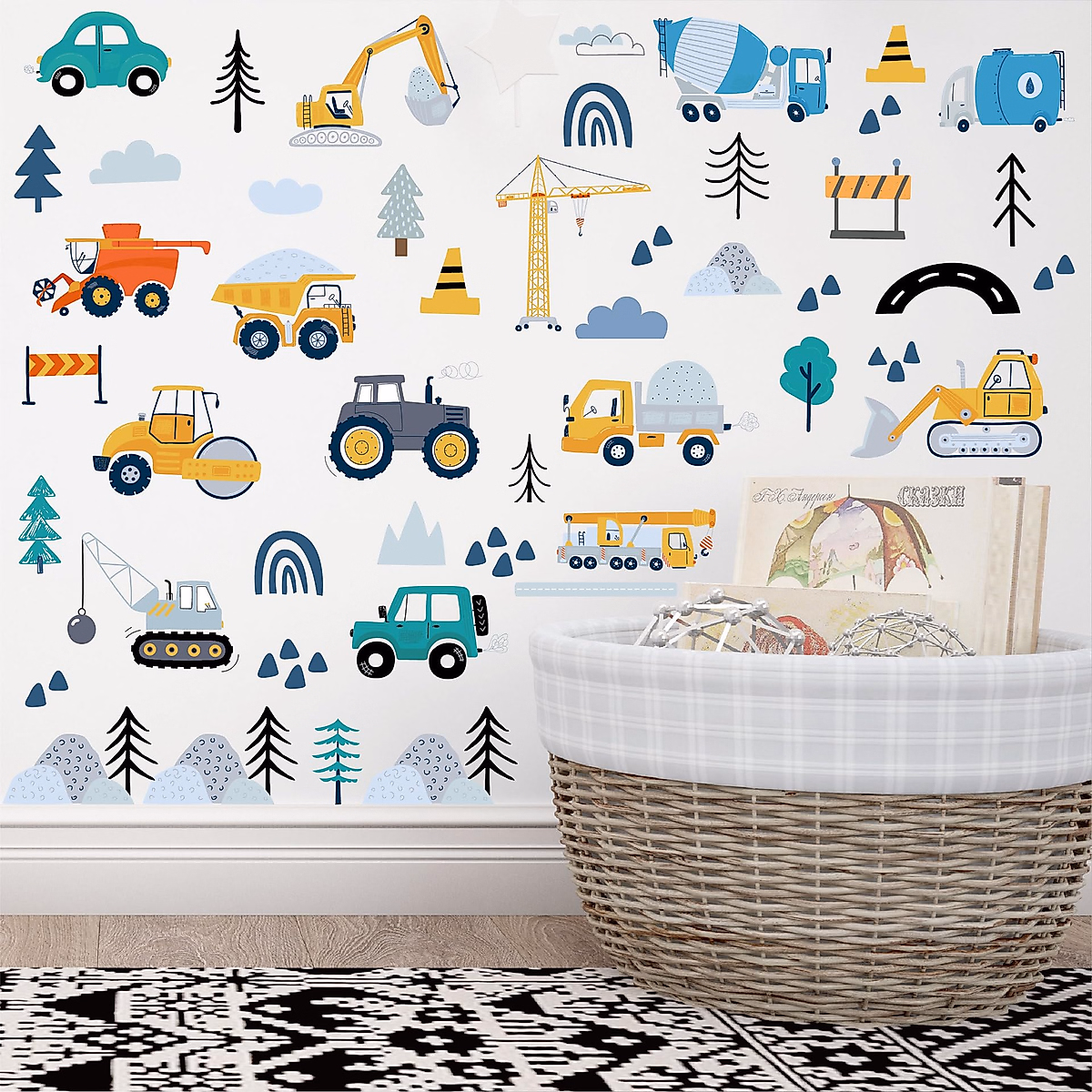 Construction Vehicles Wall Stickers - 6 Sheets 90 Pcs Construction Themed Trucks Excavator Crane Bohemian Style Wall Decals Peel and Stick Wall Decors for Kids Baby Bedroom Boys Room Nursery Playroom