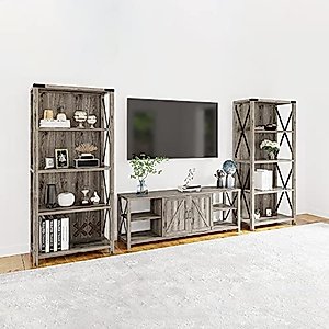 AMERLIFE Industrial Farmhous 68" TV Stand for TVs up to 70" & Set of 2 Industrial Metal X Back Bookshelf, 64", Rustic Wash Grey