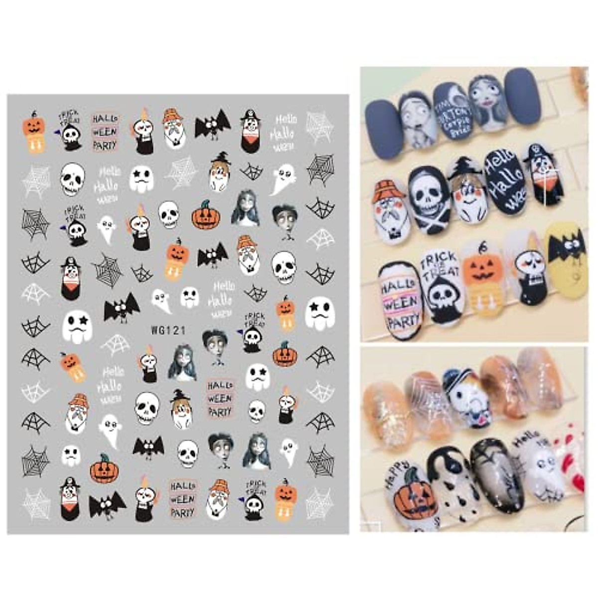 8 Sheets Halloween Nail Art Stickers Decals Self-Adhesive Pegatinas Uñas Cute Ghost Pumpkins Skull Spider Web Nail Supplies Nail Art Design Decoration Accessories