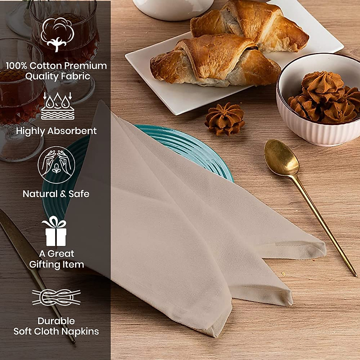 Candy Cottons Taupe Cloth Dinner Napkins Cotton 18x18 in Washable Napkins Cloth| Absorbent Reusable Spring Easter Basket Decor Pk of 6 Table Napkins Cocktail Party Wedding BBQ Cafe Cloth Napkins