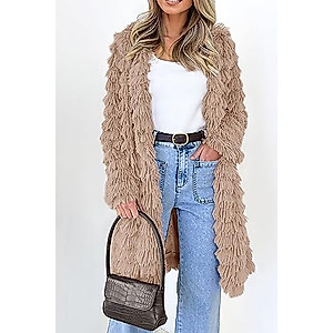 PRETTYGARDEN Women's Winter Faux Fur Jackets Fall Fashion Open Front Long Shaggy Coat Outerwear (Dark Khaki,Large)