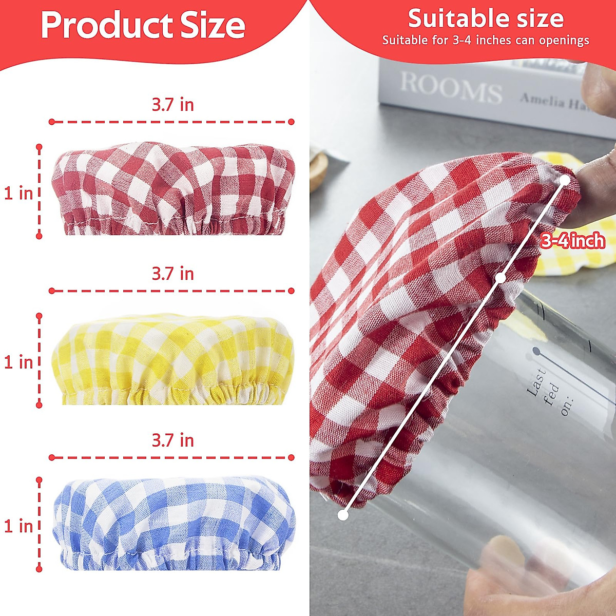 Sourdough Jar Cover, Reusable Sourdough Cloth Cover, 3pc Handmade Cotton Cloth Covers for Sourdough Starter Jar Sourdough Bread Baking Supplies Fit Jars Mouth from 3-4 Inch (Red Plaid)