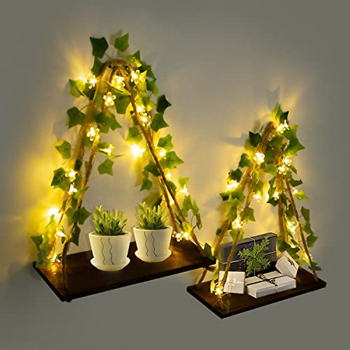 Doozx Hanging Shelves with Led-Strip - Set of 2, Macrame Wall Hanging Shelves for Wall Decor for Bedroom Living Room Bathroom, Boho Room Decor Aesthetic, Hanging Shelf, Wall Shelves Plant Decor