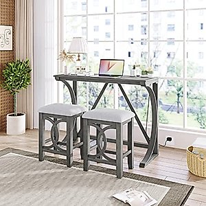 Farmhouse 3-Piece Kitchen Dining Table Set for Small Place, Counter Height Dining Table Set with USB Port and Upholstered Stools for Apartment (Grey)