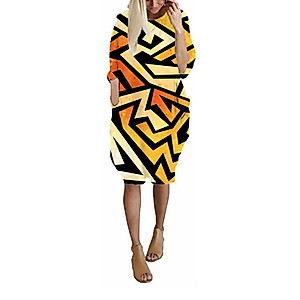A Line Dresses for Women Wedding Guest Crew Neck Loose Colorful Diamond Print Half Long Sleeved Dress Casual Pocket