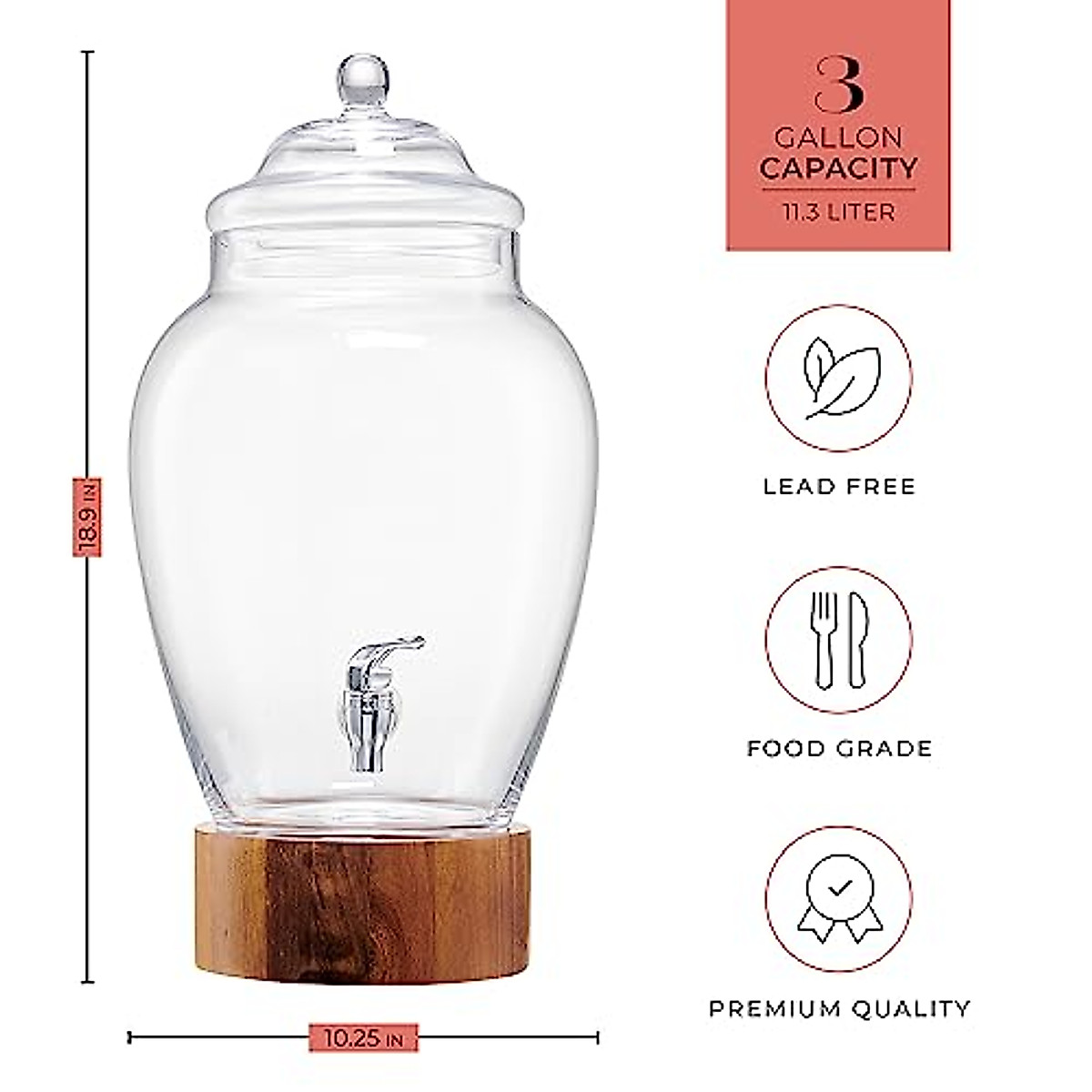 American Atelier Madera Beverage Dispenser Cold Drink Dispenser w/ 3-Gallon Capacity Glass Jug, Leak-Proof Acrylic Spigot in Gorgeous Gift Box Great for Parties, Weddings & More