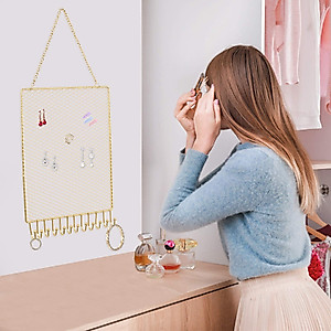 Hanging Jewelry Organizer,Metal Wall Mounted Earring Display Hanger with Hooks,Gold Mesh Necklaces Bracelets Holder Closet Storage Rack for Girl Women 28 * 18cm