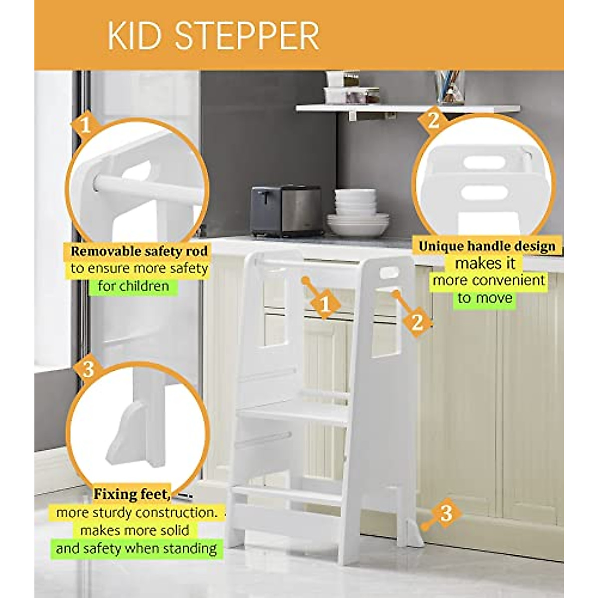 Kid's Wooden Kitchen Step Stool, 220lbs Capacity, Adjustable Platform Standing Tower, with Safety Guardrail Child Studying Tower, Toddler Stool for Bathroom, Cooking Helper（White