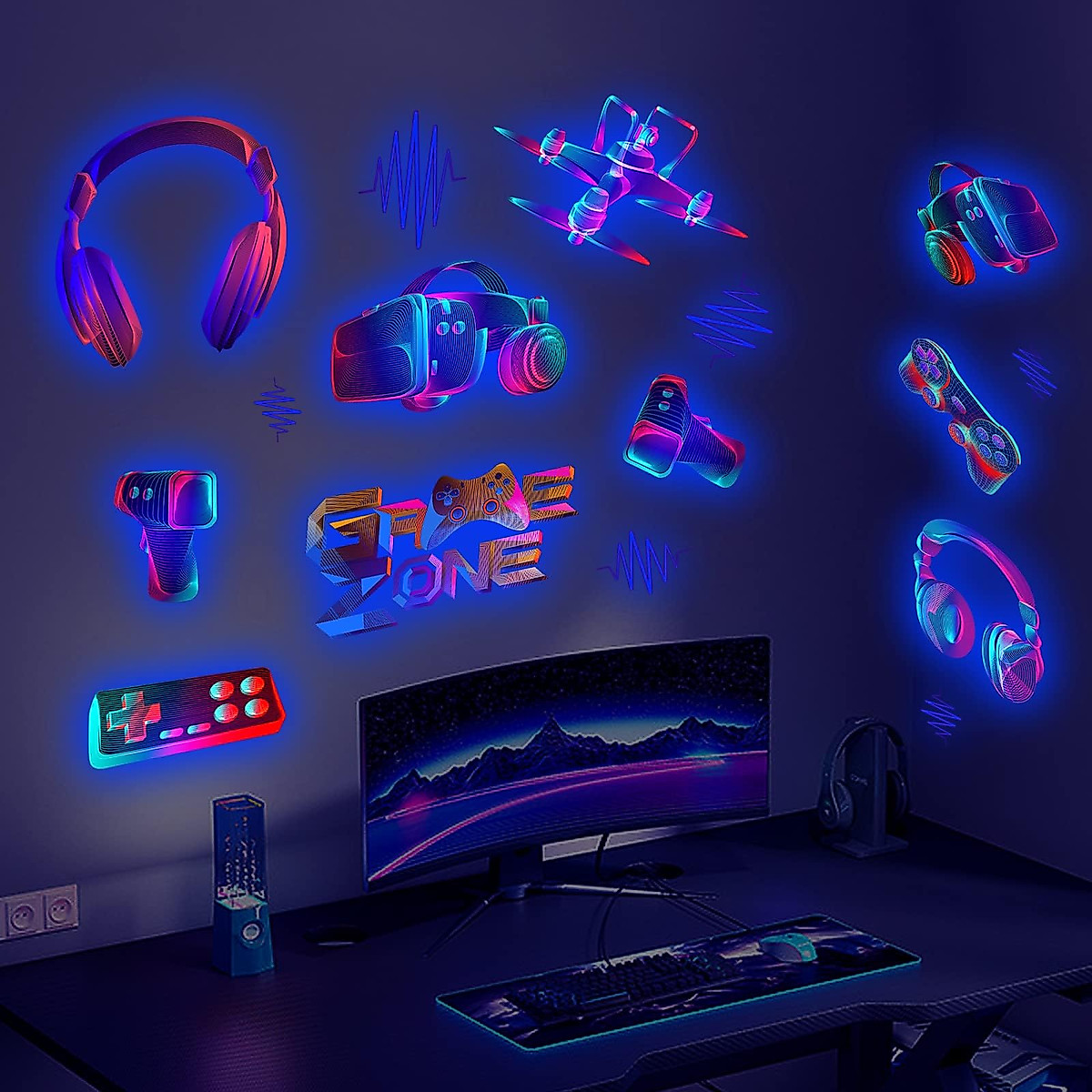 3D Glow in The Dark Game Wall Decals Gaming Wall Stickers Blue Luminous Game Room Decor Glow Gaming Controller Sticker Removable Video Game Wall Decor for Boys Kids Girls Bedroom Playroom Home Decor