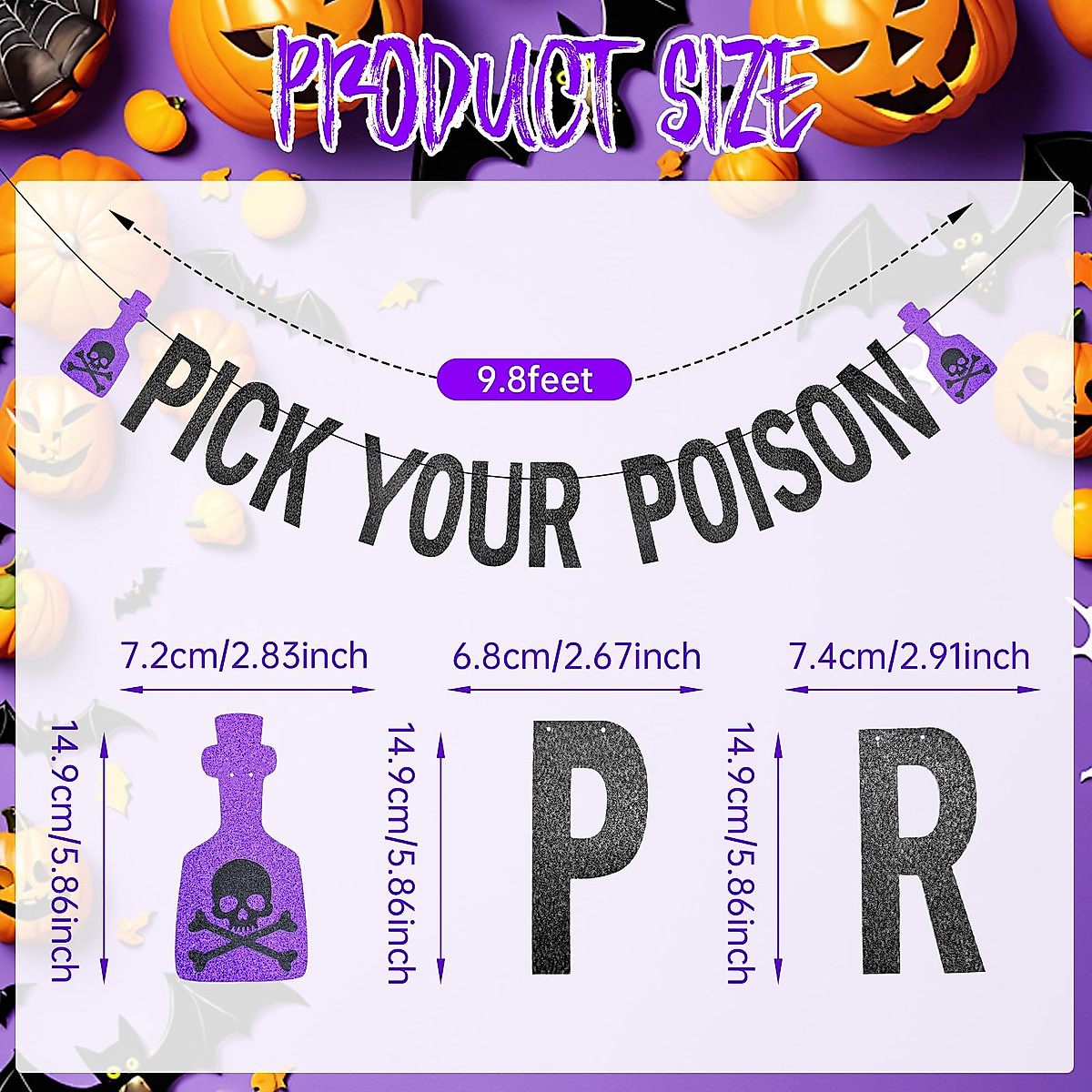 Black Glitter Pick Your Poison Banner - Halloween Hanging Paper Garland Bunting Banner with Purple Potion Bottle Decorations, Photo Backdrop for Wall Home Mantel Office Wall Scary Party Supplies