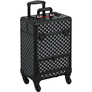 Yaheetech Rolling Makeup Train Case Aluminum Cosmetic Case with Wheels Barber Case Salon Lockable Travel Trolley with Sliding Drawers Removable Divider, Black/Red