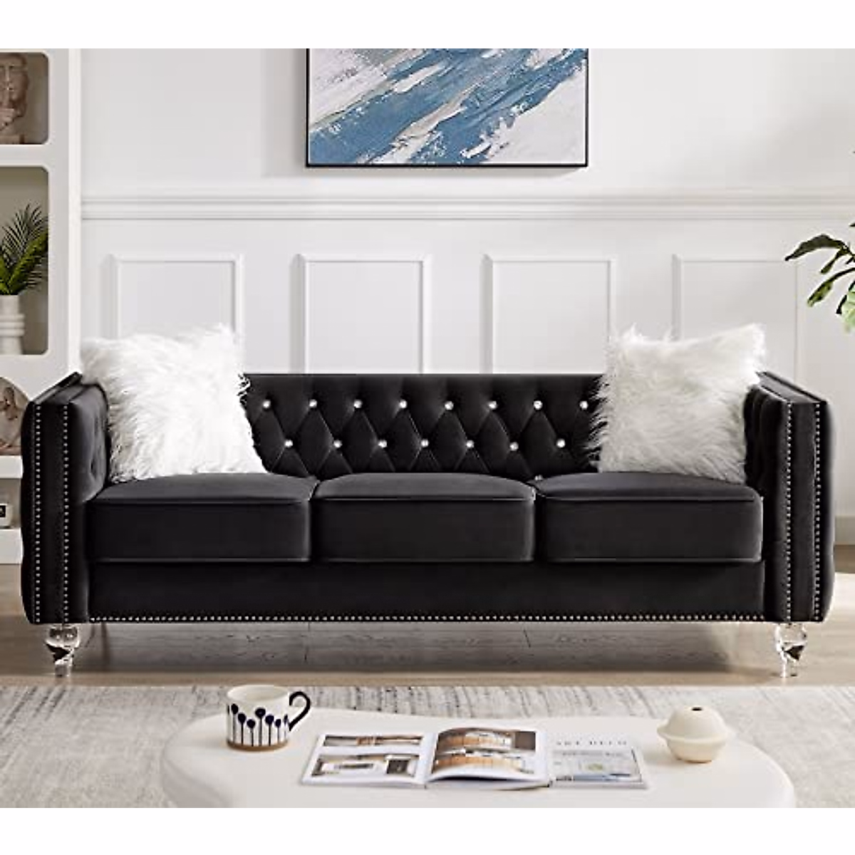 mikibama Velvet Sofa Couch 83 Inch Long Modern Sofa with Acrylic Legs and 2 Pillows, Jeweled Buttons Tufted Couch Modern Decor Furniture for Living Room, Bedroom (Black)
