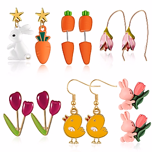 6 Pairs Easter Earrings Rabbit Carrot Tulip Chick Earrings Flower Stud Earrings Pink Flower Earrings Clay Bunny Statement Dangle Earrings for Girls Women, 6 Styles