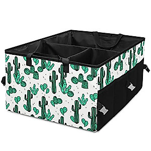 Cactus Summer Tropical Print Car Trunk Organizer,Collapsible Cargo Storage Tote Bag,Non Slip,3 Divider Compartments, Automotive Interior Accessories for Auto SUV Truck Vehicle Picnic Camping
