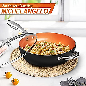 Michelangelo 5 Quart Nonstick Wok Set with Lid, Deep Frying Basket, and Roasting Steaming Rack, Aluminum, Includes All Stovetops Compatible, Non Stick