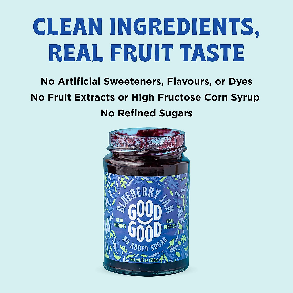Good Good No Added Sugar Blueberry Jam - Keto Friendly Jelly - Low Carb, Low-Calorie and Vegan - Diabetic Friendly - 12oz / 330g (Pack of 2)