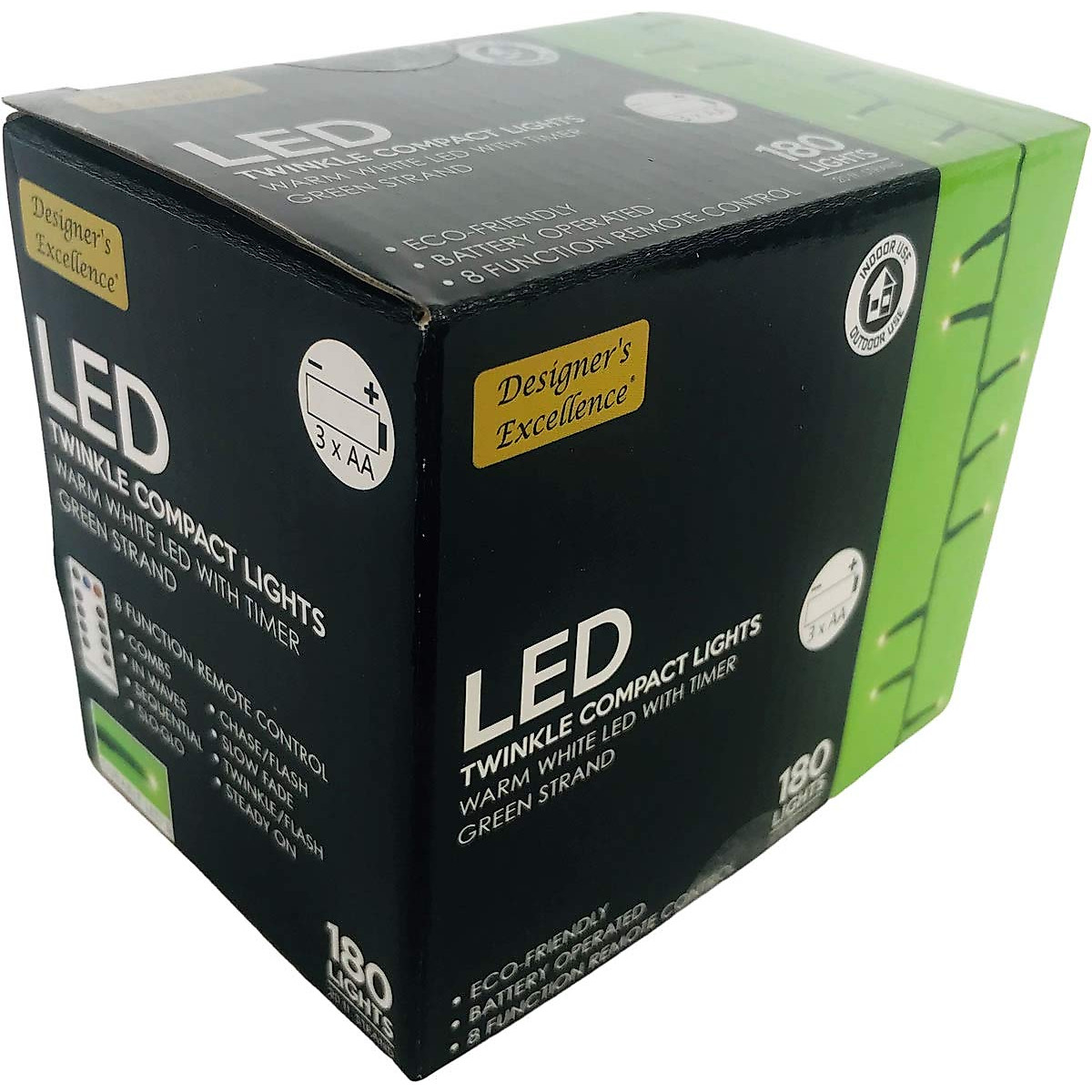 LED Twinkle Compact Lights 20Ft White w Green Strand Battery Operated 8 Function Remote Control