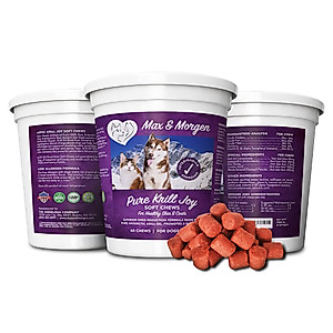Pure Krill Joy, Antarctic Krill Oil Soft Chews for Dogs, Rich in Omega 3 and Antioxidants, Unique Shed Reducing Formula, Improves Skin and Coat, Low Allergen, Made in The USA, 60 Soft Chews.