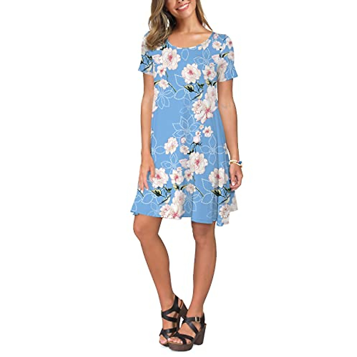 KORSIS Women's Summer Floral Dresses T Shirt Dress Flower Light Blue S