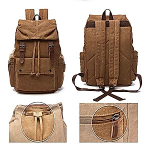 PNMNBW Canvas Backpack Rucksack Genuine Leather Casual Daypack College Bookbag for Men Women Outdoor Cycling Hiking Travel Laptop Khaki
