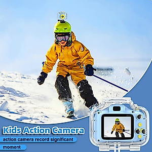 Miiulodi Kids Waterproof Camera - Birthday Gifts for 3 4 5 6 7 8 9 10 Year Old Boys 2 Inch IPS Screen Underwater Action Camera with 32 GB SD Card, Pool Toys for Kids Age 8-12 Blue