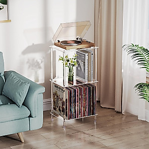 Bkemiy Acrylic Record Player Stand, 3-Tier Clear Turntable Table with Vinyl Record Storage, 15.75" L x 11.81" W x 30.7" H, Modern Side Table/End Table