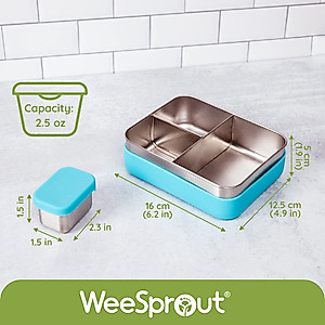 WeeSprout 18/8 Stainless Steel Bento Box (Compact Lunch Box) - 3 Compartment Metal Lunch Containers, for Kids & Adults, Bonus Dip Container, Fits in Lunch Bag & Backpack