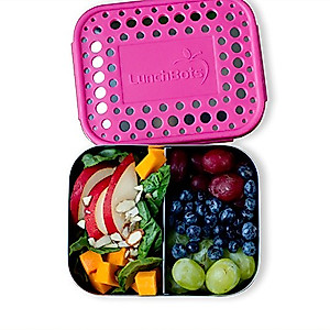 LunchBots Medium Duo Snack Container - Divided Stainless Steel Food Container - Two Sections for Half Sandwich and a Side - Eco-Friendly - Dishwasher Safe - Stainless Lid - Pink Dots