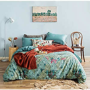 YuHeGuoJi Botanical Duvet Cover Queen 100% Egyptian Cotton Green Leaves Duvet Cover Set Super Soft 3 Pcs 1 Tree Plant Print Duvet Cover with Zipper Ties 2 Pillowcases Botanical Bedding Breathable