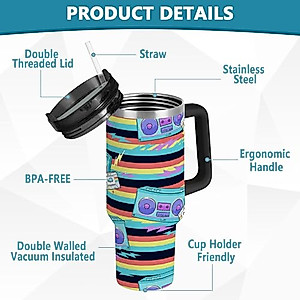 Exnundod Seamless Radio Tape Recorder Tumbler with Handle 30oz and Straw Cassette Music Insulated Tumblers Leak-proof Water Bottle for Car Travel