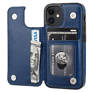 ONETOP Compatible with iPhone 12 Mini Wallet Case with Card Holder, PU Leather Kickstand Card Slots Case, Double Magnetic Clasp and Durable Shockproof Cover 5.4 Inch(Blue)