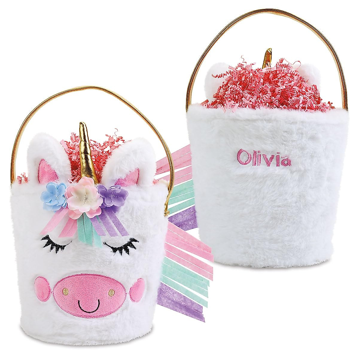 Lillian Vernon Personalized Plush Unicorn Bunny Easter Basket Tote - 13" H, Reusable Stuffed Animal Baskets With Custom Name, Pink Girl Egg Hunt