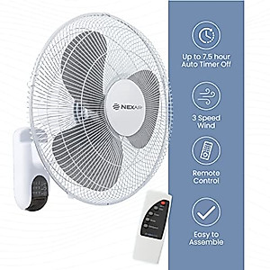 NEXAIR 16 Inch Oscillating Wall Mount Fan, Quiet Operating Room Fan With Remote Control, 3 Speed Wall Fan for Bedroom with 7.5 Hr Auto Off Timer, Adjustable Cooling Fan For Home, Office & Living Room
