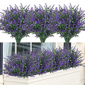 GREENRAIN 24 Bundles Artificial Lavender Flowers Outdoor Fake Flowers for Decoration UV Resistant No Fade Faux Plastic Plants Garden Porch Window Box Décor (Purple)