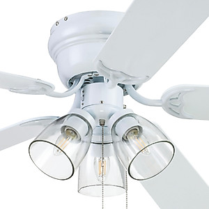 Portage Bay Ceiling 52" Renton White Indoor Fan with Clear 3 Light LED Multi Arm E26/B11 Bulb and Pull-Chains, Traditional Style, 5 Reversible Gray Oak Blades, 51441, 52 Inch