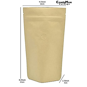 Candyman Package Light Kraft Paper Stand up Zipper Pouch for Coffee Bean with Degassing One Way Valve(25pcs) (4oz/120g)