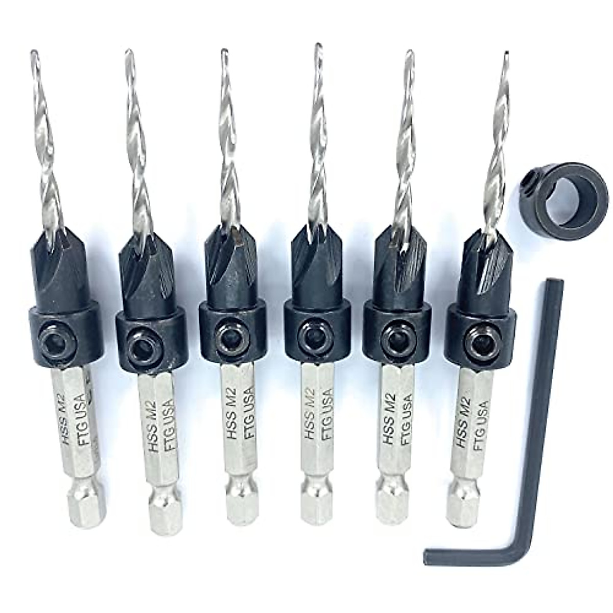 FTG USA Countersink Drill Bit Set 6 Pc #6 (9/64") Parabolic Flute Wood Countersink Drill Bit, Pro Pack Countersink Bit, Tapered Drill Bits for Countersink with 1 Depth Stop Collar and 1 Hex Wrench