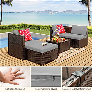 Qsun Outdoor Patio Sofa Set PE Wicker Rattan Sectional Conversation Sofa with a Glass Coffee Table for Backyard Porch Poolside Patio(Brown Rattan, Grey Cushion)