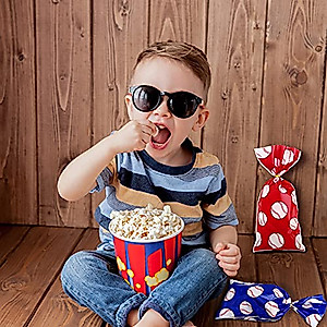 100 Pieces Baseball Party Treat Bags Baseball Cellophane Bags Baseball Candy Bag with 100 Pieces Gold Twist Ties for Chocolate Candy Snacks Cookies Birthday Party Supplier, 10.8 x 5 Inch, 2 Colors