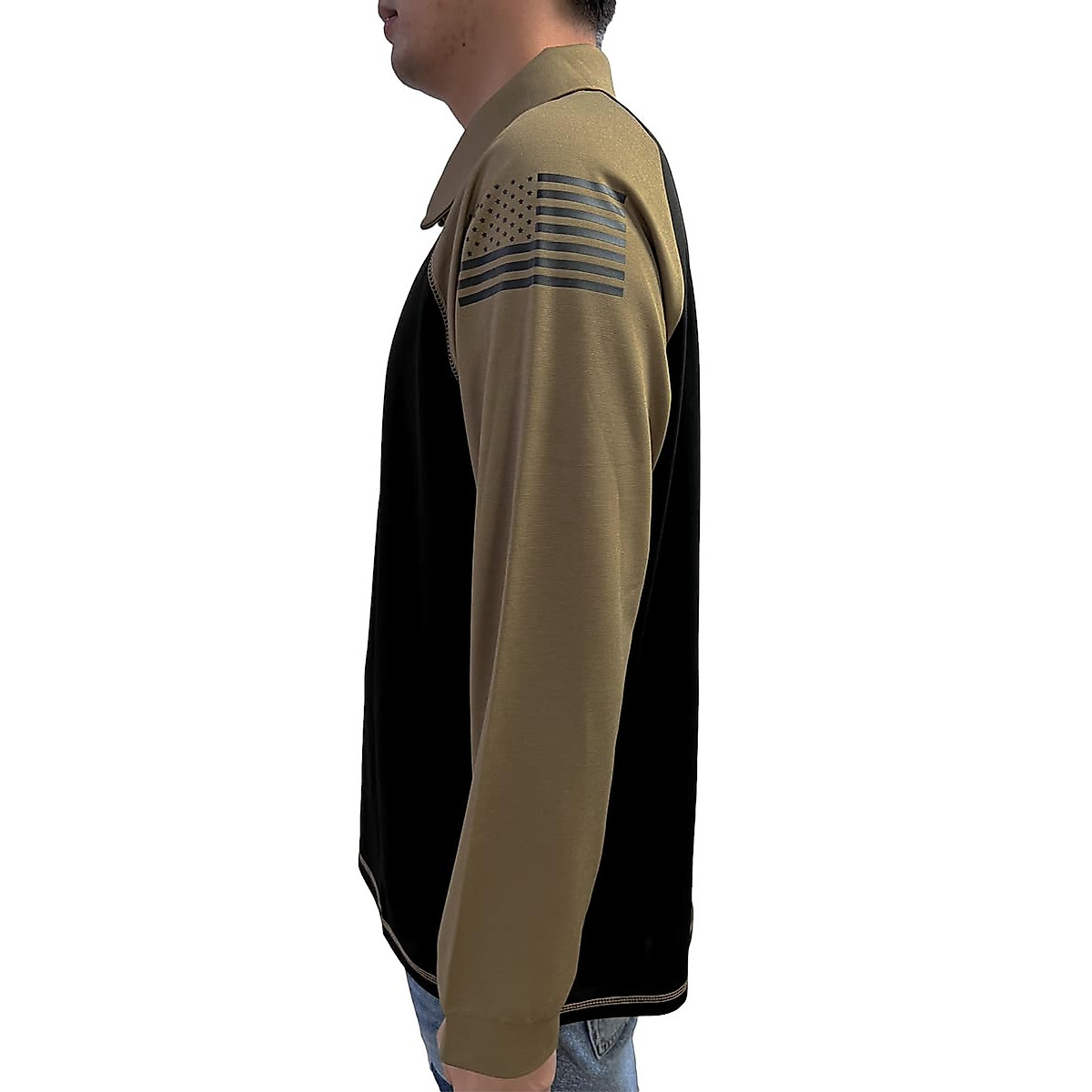 HARGLESMAN Men's Patriotic Polo Sports Long Sleeve T Shirt Tactical Performance US Flag Tops Autumn Fall Casual Tees for Yoga Bowling Golf Tennis Activewear Black and Brown L