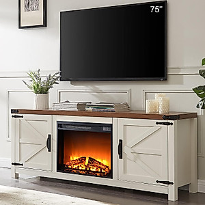 T4TREAM Fireplace TV Stand for 75 Inch TV, Farmhouse Barn Door Media Console, Entertainment Center with 23" Electric Fireplace Remote Control,for Living Room, 66 Inch, Antique White
