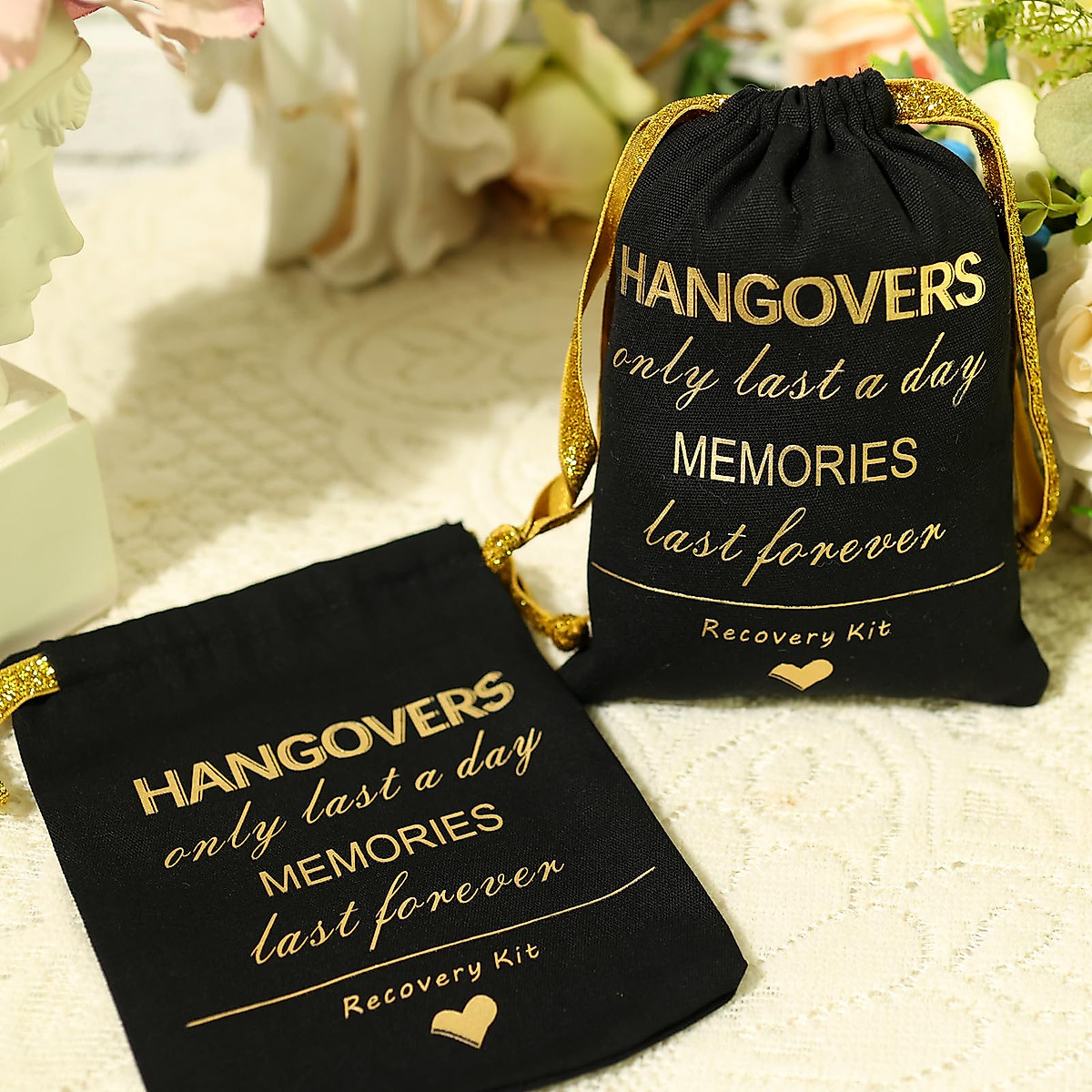 SHERWAY Gold Foil Wedding Bachelorettes Hangover Kit Bags Drawstring Bags, Wedding Bridal Shower Party Favor Bags for Bridesmaid Gift (10pcs, Black, 5 x 7 Inch)