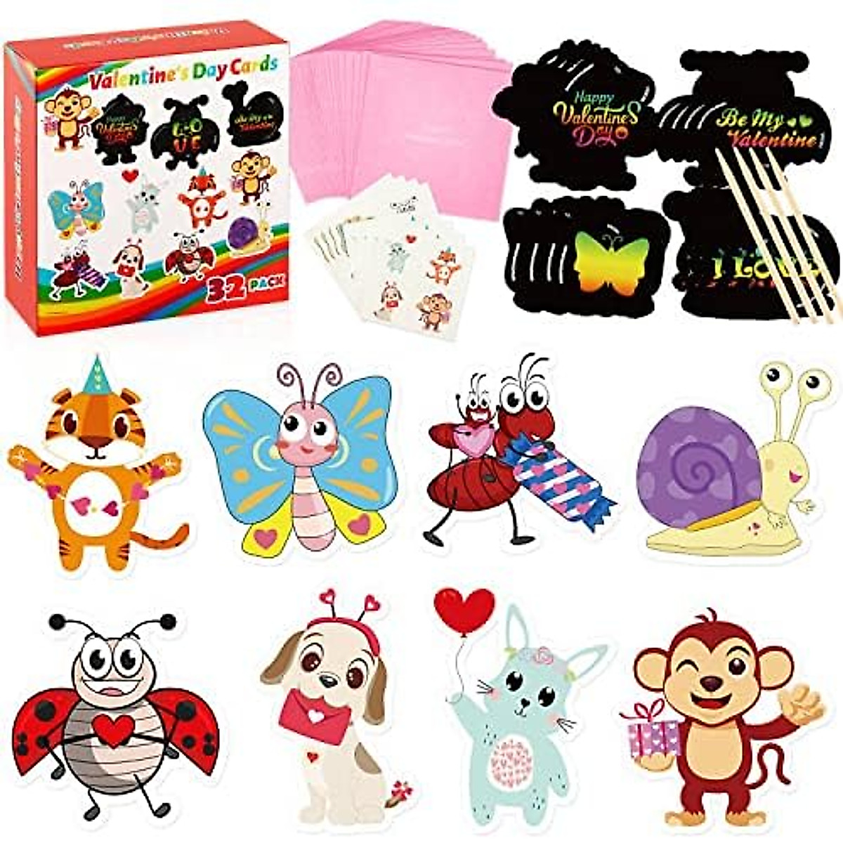 Valentines Cards for Kids 32Pack with Scratch Paper, Wooden Stylus, Envelopes, Temporary Tattoos, Rainbow Scratch Art Kids Valentines Cards Valentines Gifts for Boys Girls Classroom School Exchange