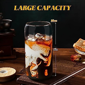 Porkus Glass Cups with Bamboo Lids and Straws 4pcs Set-18oz,Cute Glass Iced Coffee Cups for Coffee Bar Accessories-Cups with Lids and Straw Set