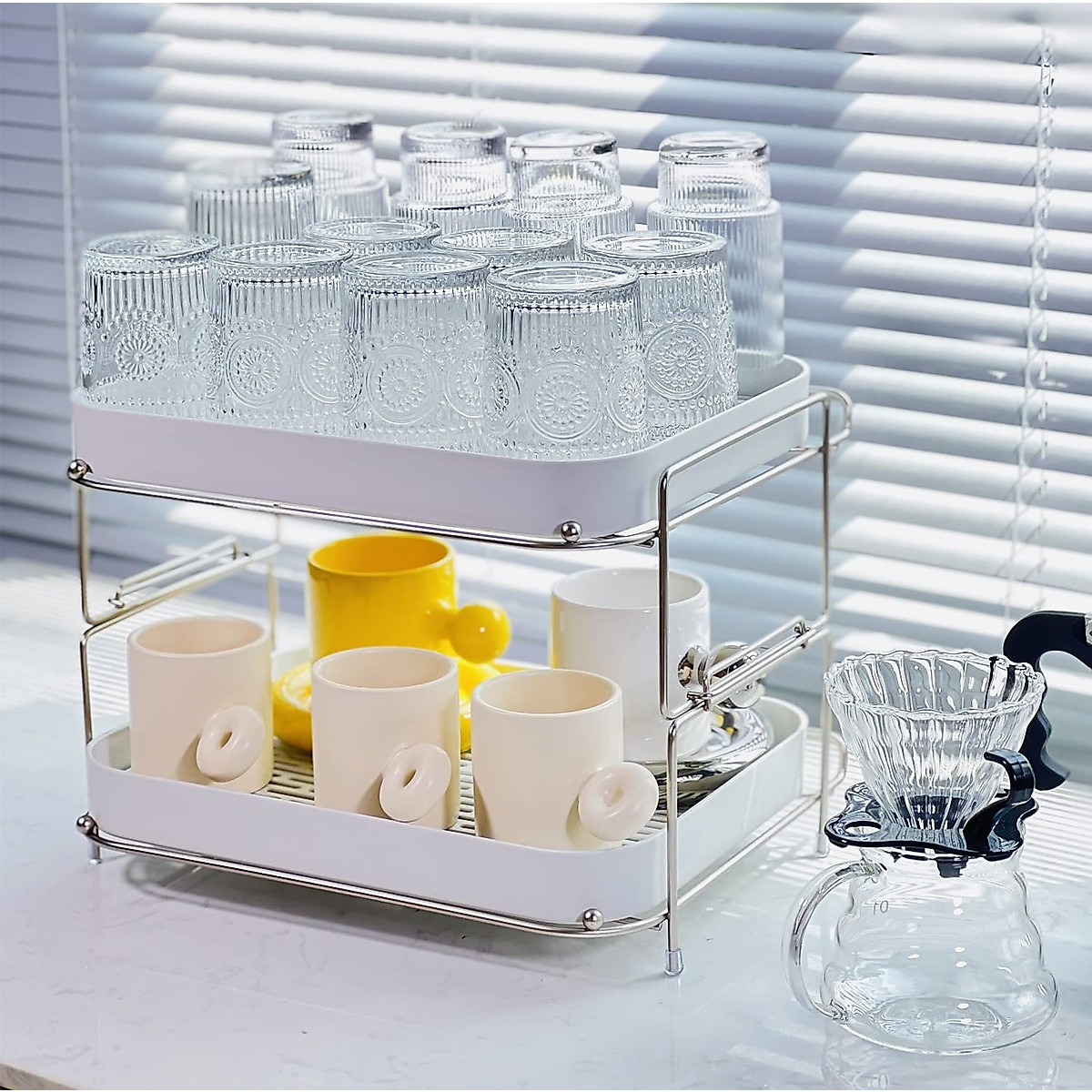 Zosenley 2-Tier Cups Mugs Drying Rack with Drain Tray , Kitchen Storage Organizer Shelf for Drinking Glass Bottle Bowls