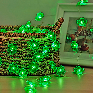 BOHON Decorative Lights Shamrocks LED String Lights Battery Operated with Remote 10 ft 40 LEDs Lucky Clover Handmade String Lights for Bedroom Party Feast of St. Patrick's Day Green Decoration