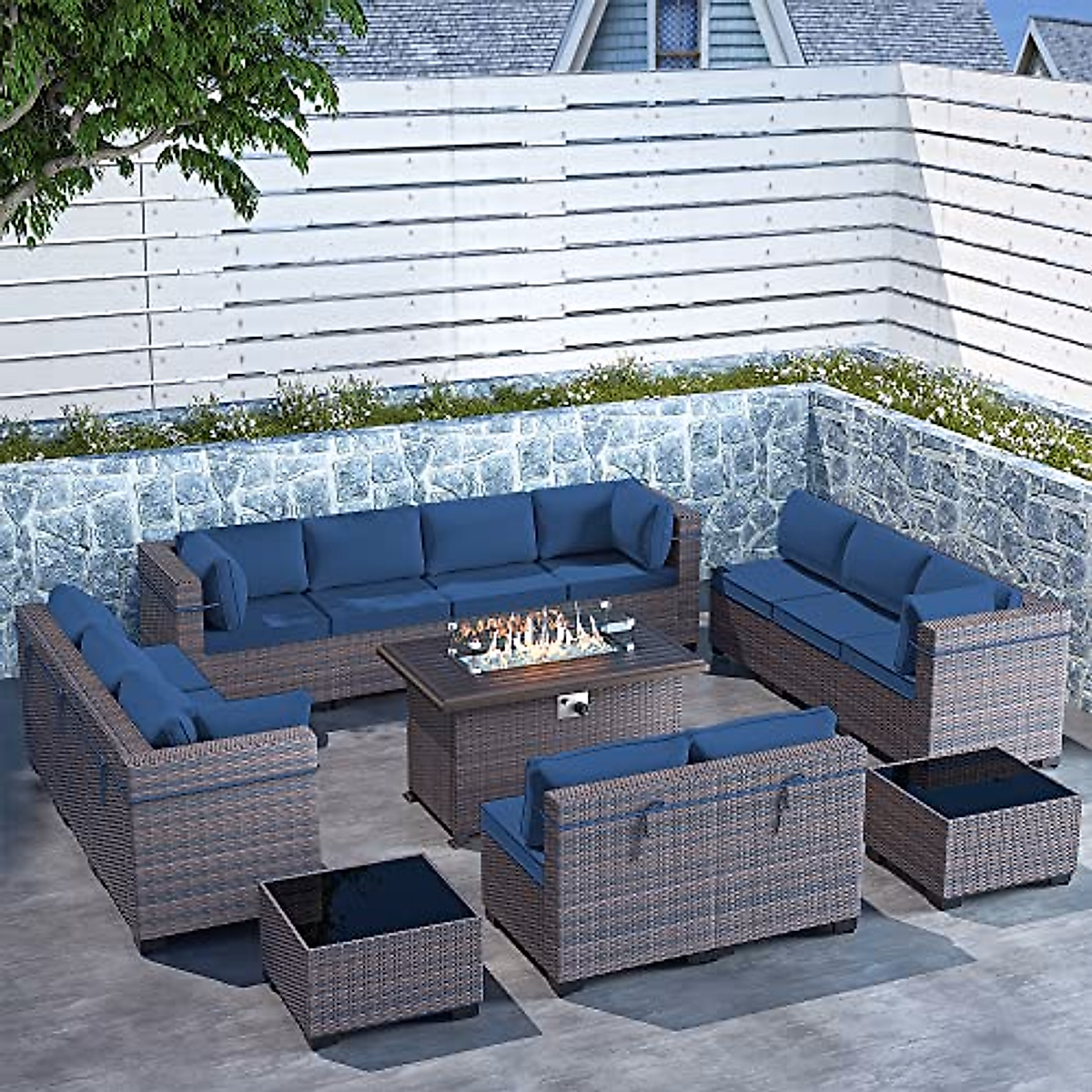 Gotland 15 Piece Outdoor Patio Furniture Set with Gas Fire Pit Table Patio Furniture Sectional Sofa w/43in Propane Fire Pit, 55,000 BTU Auto-Ignition Firepit w/Glass Wind Guard…