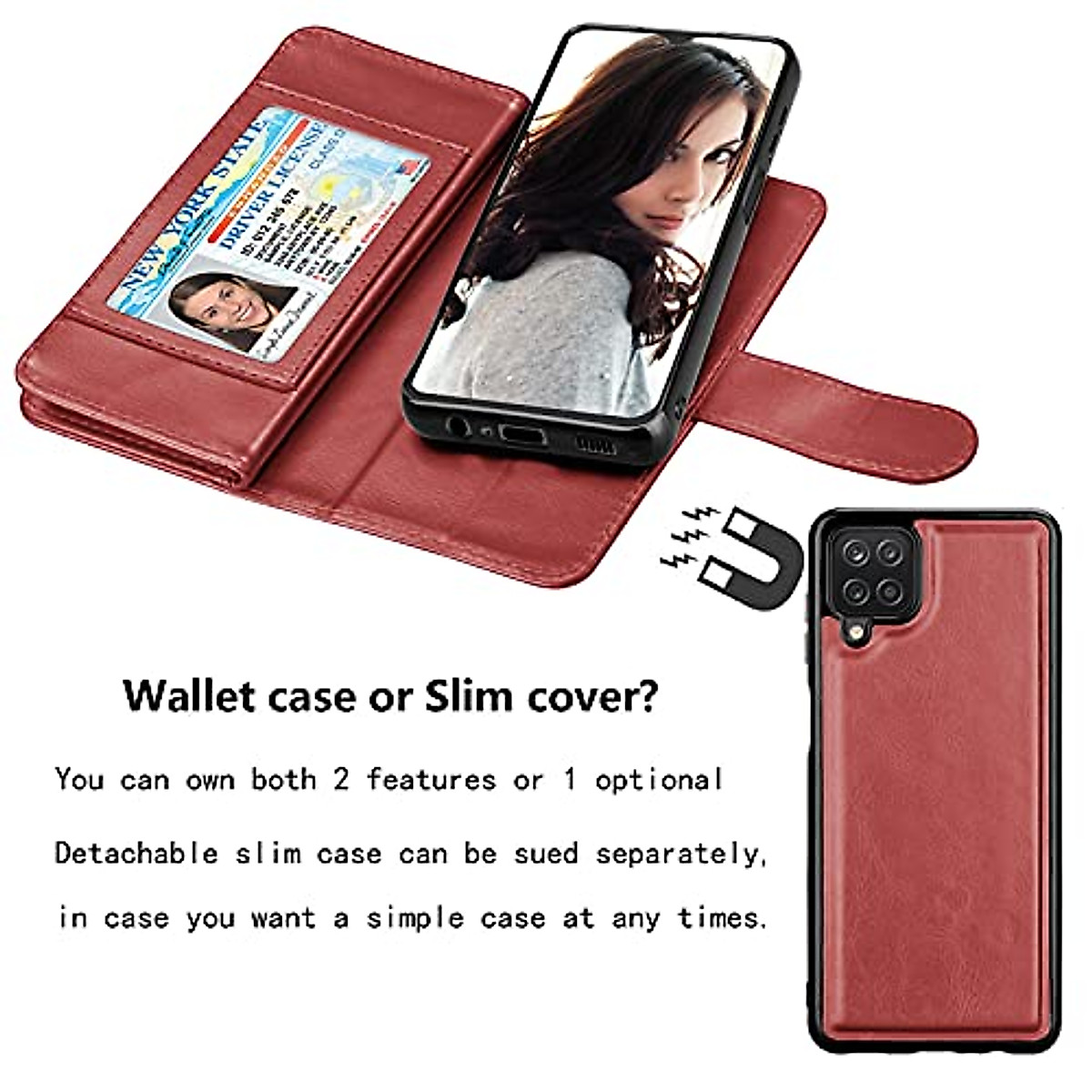 NJJEX Wallet Case for Samsung Galaxy A12, for Galaxy A12 Case 6.5", [9 Card Slots] PU Leather Credit Holder Folio Flip [Detachable] Kickstand Magnetic Phone Cover & Lanyard for Samsung A12 [Wine Red]