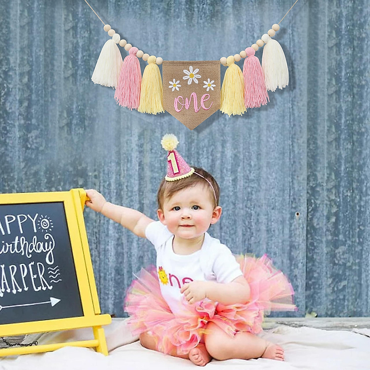 HGFC Daisy Tassel High Chair Banner - Wood Bead Tassel 1st Birthday Banner - Daisy Theme First Birthday Party Decoration - 1st Birthday Baby Girls Tassel Garland